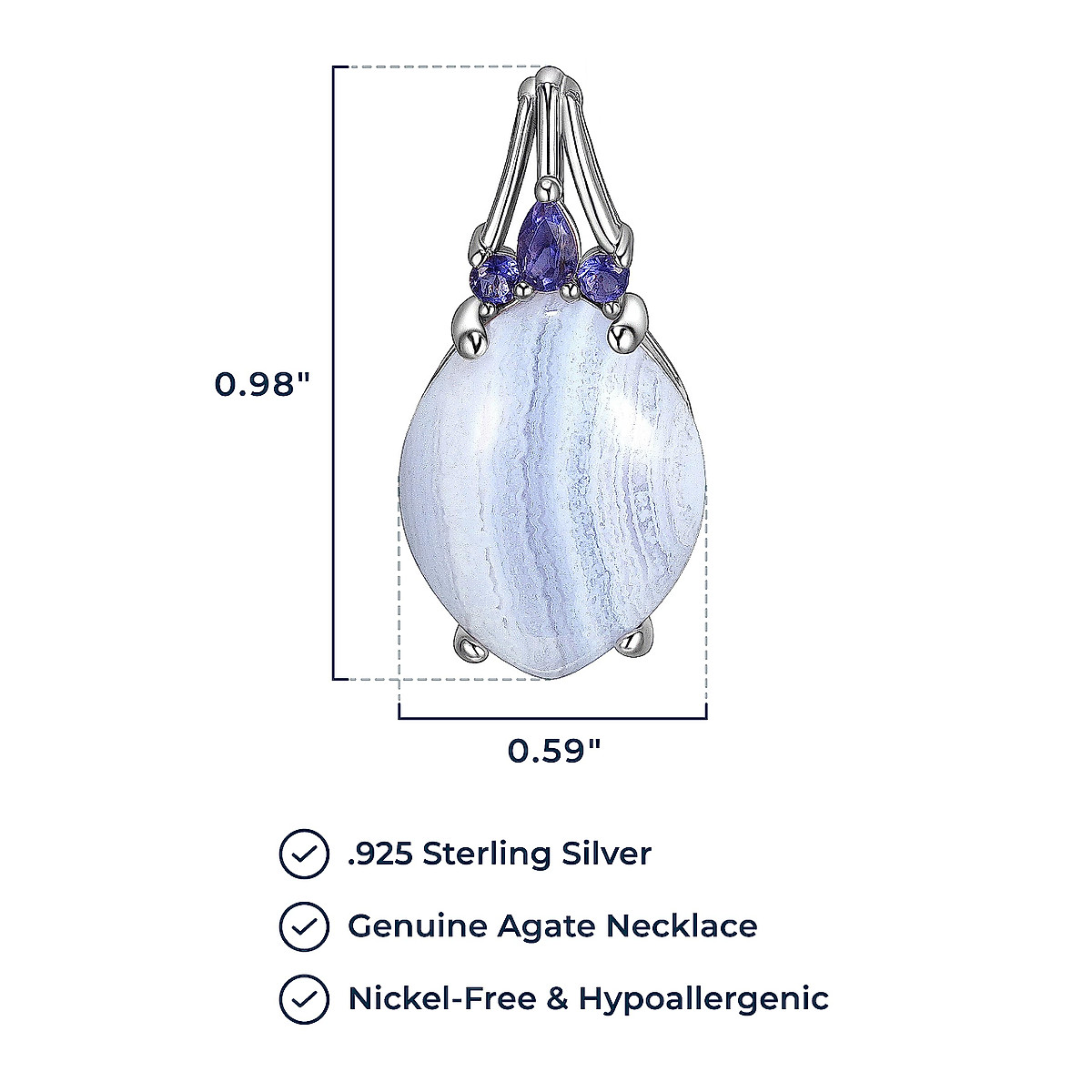 MORGAN & PAIGE .925 Sterling Silver Genuine Blue Lace Agate and Iolite 1" Oval Pendant Necklace on 18" Box Chain
