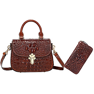 PIJUSHI Designer Genuine Leather Top Handle Satchel Handbag Bundle with Crocodile Leather Wristlet Wallet