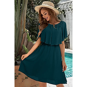 Bodhi talk Dresses for Women 2023 Wedding Guest Boat Neck Solid Color Casual Chiffon Dress Sleeveless Cape Dresses Peacock Green Large