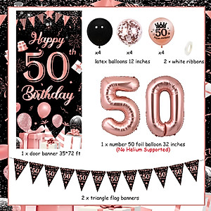50th Birthday Decorations for Women Black and Rose Gold, Happy 50th Birthday Door Banner, Triangle Flag Garland, Number 50 Balloon, Fifty Year Old Birthday Party Supplies