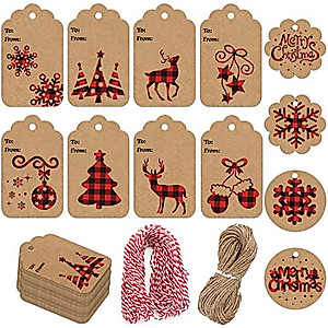 LOKIPA 120 Pieces Christmas Kraft Paper Gift Tags Hang Labels with Red and Black Plaid Snowflake Christmas Tree Elk Patterns and 230 Feet Twine Rope for Christmas