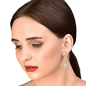Touchstone Indian Bollywood Beautifully Hand Finished Victorian Studded Look White Rhinestone Designer Jewelry Chandelier Earrings In Gold Tone For Women.