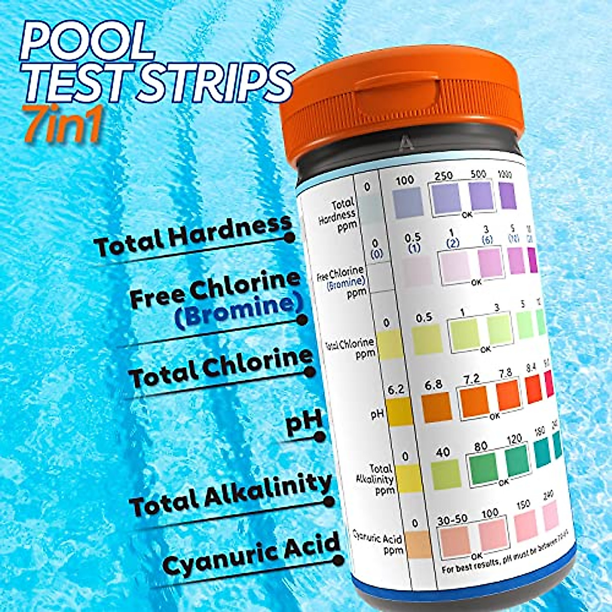 Pool and Hot Tub Test Strips - Medical-Grade Precision 3-1 4-1 7-1 Pool Test Kit - Testing pH, Free Chlorine(Bromine), Total Alkalinity & Cyanuric Acid and So on - Pool Water Test Kit