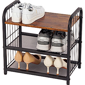 BWOORACKU Shoe Rack, 3-Tier Shoe Organizer with Guardrails, Heavy-Duty Metal Mesh Shelves & Rustic Wooden Top for Stylish Closet & Front Door Storage