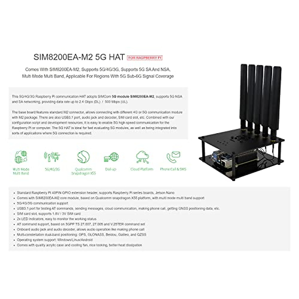 Waveshare SIM8200EA-M2 5G HAT with Antennas 5G/4G/3G Support Snapdragon X55 Onboard Multi Mode Multi Band Applicable for Regions with 5G Sub-6G Signal Coverage