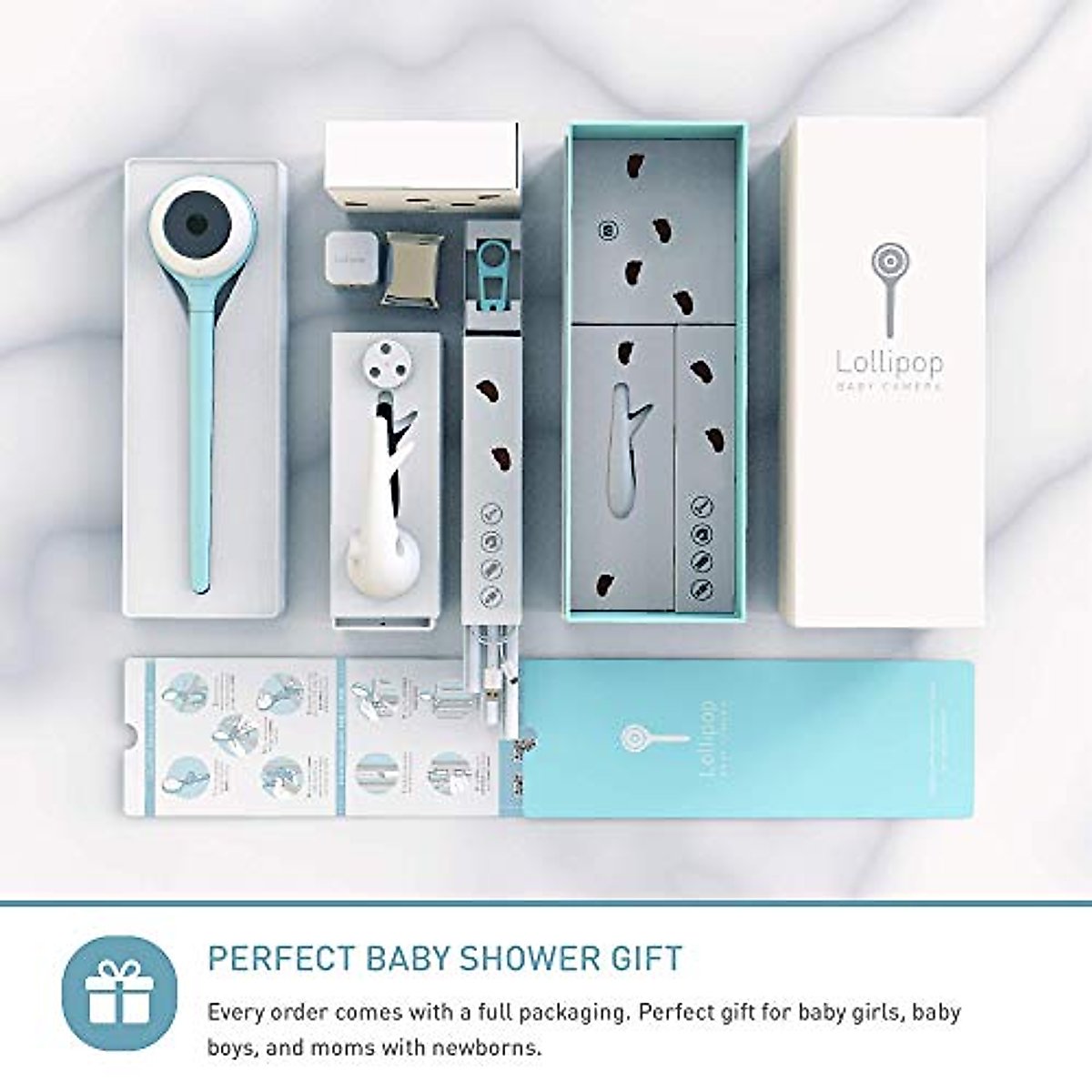 Lollipop Baby Monitor (Turquoise) - with Contactless Breathing Monitoring (No Extra Sensor Required, Subscription Service), Sleep Tracking and True Crying Detection, Smart AI WiFi Baby Camera