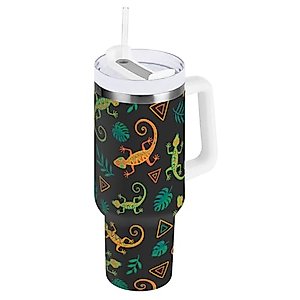 Caikeny Insulated Tumblers with Lid and Straw Tropical Lizards Leaves 40 oz Reusable Stainless Steel Cup Palm Leaf Water Bottle Coffee Travel Tumbler Mug for Women Men