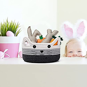 Cat Basket Storage Woven Basket Organizer with Ears Decorative Pet Toy Cute Basket Cotton Rope Basket for Gifts Cat Dog Toy Bin Nursery Room Kids Toy (White, Light Gray and Gray, 8.3 x 4.7 Inch)