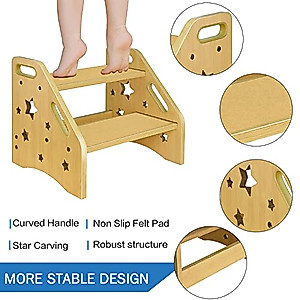 Nursery Step Stool for Kids, 2 Step Toddler Step Stool with Openwork Stars, Toddler Potty Training Step Stool, Kitchen Step Stool with Non-Slip Step Treads and 4 Cutout Handles, Toddler Step Stool