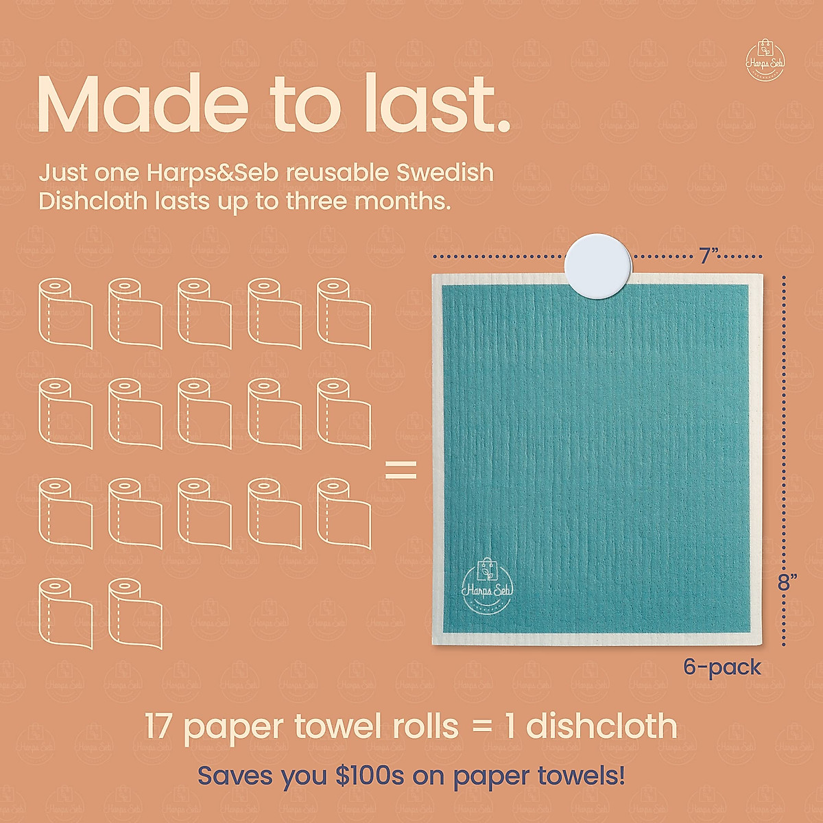 Harps&Seb 6-Pack, Reusable Swedish Dishcloths,Super Absorbent Washable Swedish Dish Towels with Convenient Hanging Clips, No Odor, Biodegradable, Non-Scratch Reusable Paper Towels