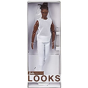 Barbie Signature Looks Ken Doll (Brunette with Braids & Bun Hairstyle) Fully Posable Fashion Doll Wearing White Shirt & Pants, Gift for Collectors