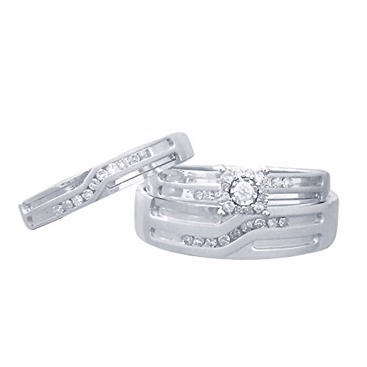 jsjewels 14K White Gold Fn Sim Diamond Wedding Engagement Ring His & Hers Trio Ring Set