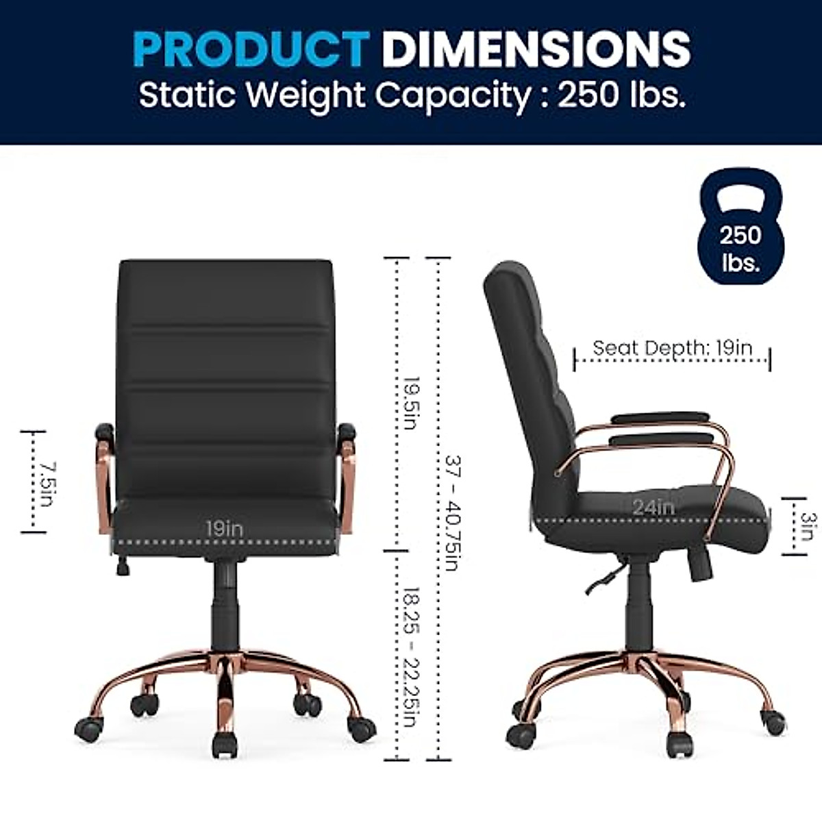 Flash Furniture Whitney Mid-Back Swivel LeatherSoft Desk Chair with Padded Seat and Armrests, Adjustable Height Padded LeatherSoft Office Chair, Black/Rose Gold