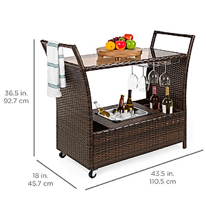 Best Choice Products Outdoor Rolling Wicker Bar Cart w/Removable Ice Bucket, Glass Countertop, Wine Glass Holders, Storage Compartments - Brown