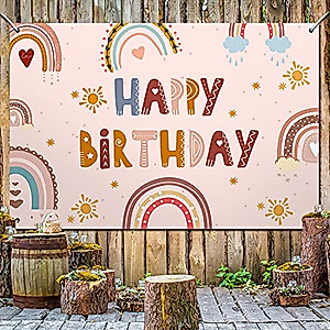 Boho Rainbow Happy Birthday Backdrop Banner Pink Bohemian Sunshine Theme Background Decorations for Women Girls Baby Shower Photography Party Sign Decor Supplies