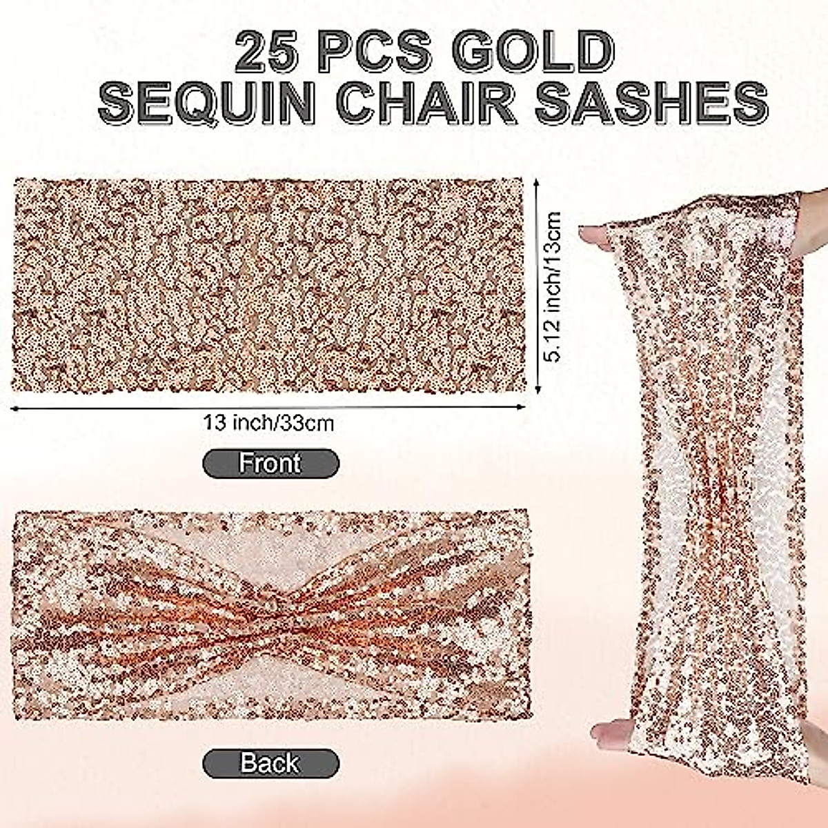 Windyun 50 Pcs Stretch Folding Chair Cover and Sequin Chair Sashes Universal Spandex Chair Slipcovers Double Sided Sequin Bows Washable Chair Protector for Wedding Birthday Banquet (White, Rose Gold)