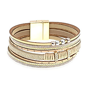 RIAH FASHION Bohemian Faux Leather Wrap Multi Layer Bracelet - Leatherette Cuff Metallic Bead Bangle (Multi Layer Bracelet - Blessed Gold Beige)