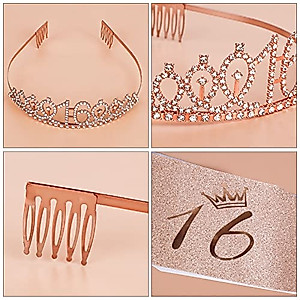 DASIGJID 16th Birthday Tiara & Sash for Girls, Rose Gold Happy Birthday Queen Princess Tiara with Combs for Girls, Queen Crystal Headbands for Hair Accessories,16th Birthday Decorations for Girls Prom