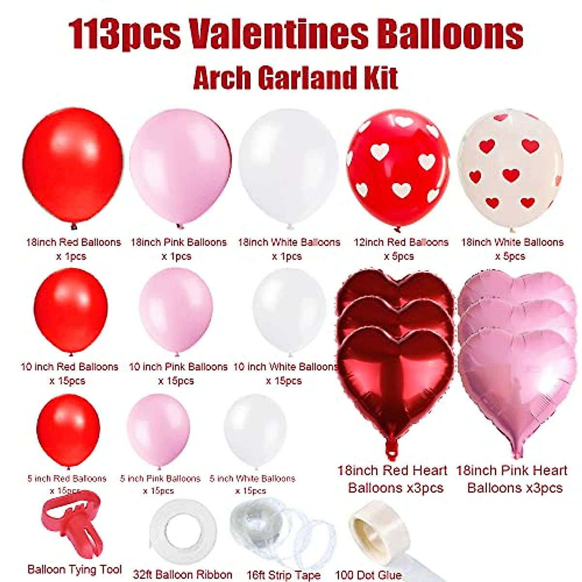 Valentines Day Balloon Garland Arch Kit Party Decorations - 113PCS Happy Valentine's Day Wedding Anniversary Engagement Decorations Pink Red Heart Mylar Balloons =