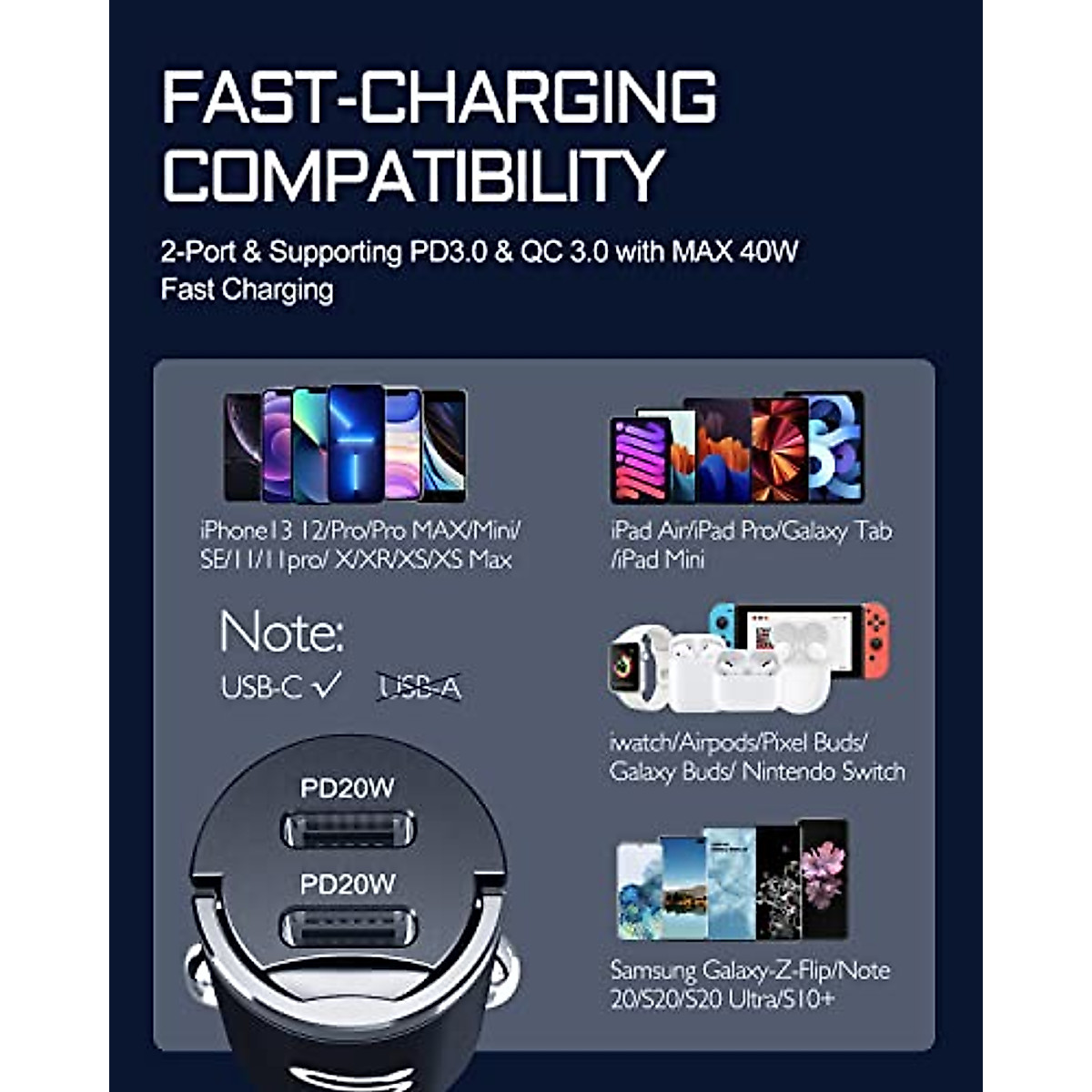 USB C Car Charger, 40W PD 3.0 Smallest Dual Type C Car Power Adapter Flush Fit Cigarette Lighter Quick Charge Compatible with iPad, iPhone13/12/11 Pro Max/X, Samsung Galaxy S21/S20/S10/S9/S8 and More