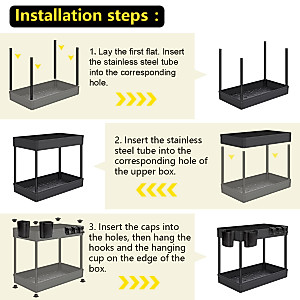 WAKISA 2 Pack Under Sink Organizer, 2 Tier Under Sink Organizers and Storage Kitchen Cabinet Sink Organizer Shelf Rack with 4 Hanging Cups and 5 Hooks for Bathroom Kitchen Office Home Storage
