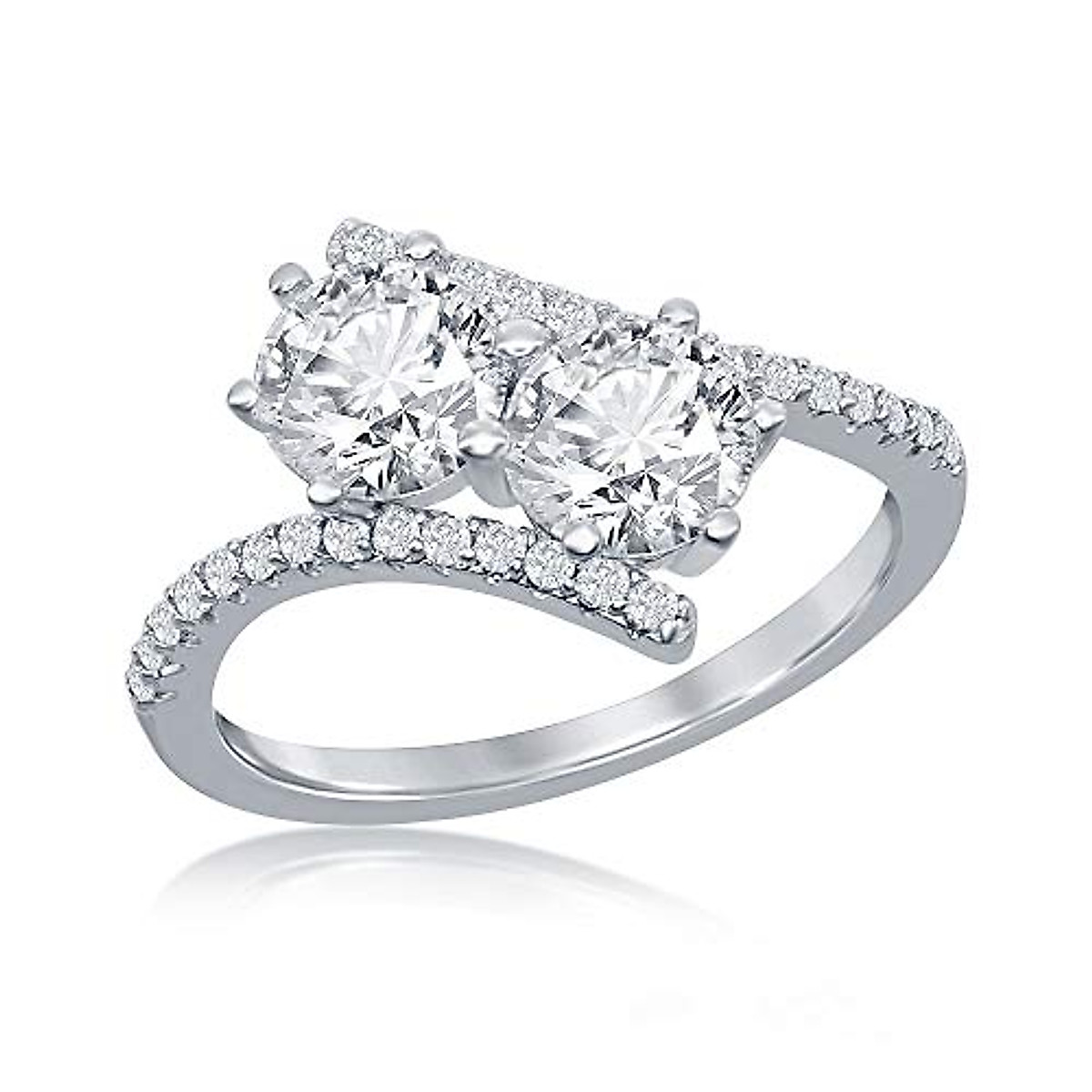 Beaux Bijoux Silver Tone Two-Stone Round Cubic Zirconia Bridal Engagement Band Ring