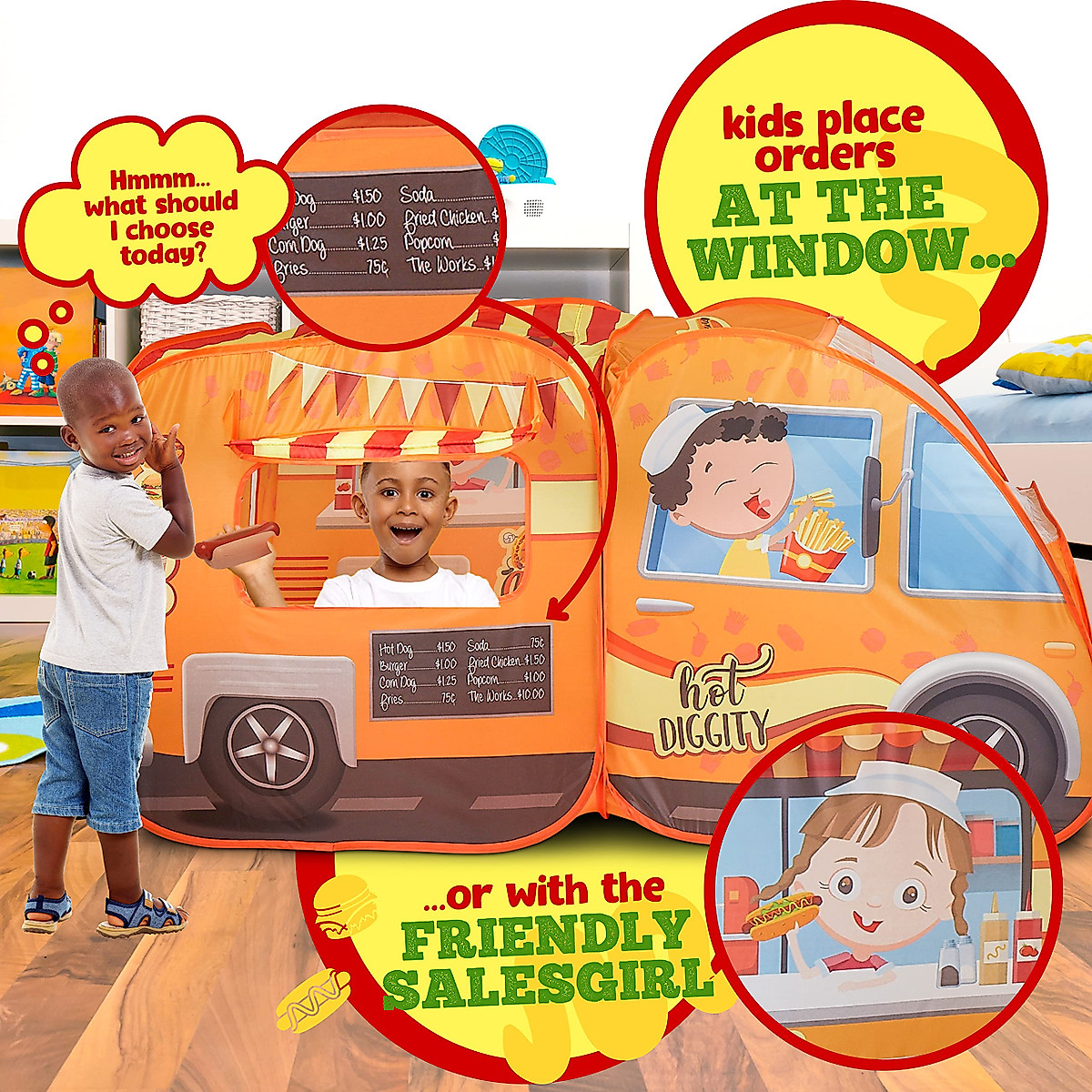 Kiddzery Food Truck Play Tent - 54 Pc. Food Set Pop Up Playhouse - Pretend Play Toys for Toddlers - Ball Pit Playset - Indoor & Outdoor Toy Tents for Kids - Trucks for Boys & Girls