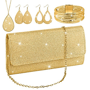 Sotiff 5 Pcs Women Evening Clutch Purse Party Handbag Jewelry Set Necklace Bracelet Earring for Girlfriend Valentines Gifts(Gold)