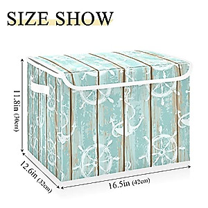 innewgogo Wooden Anchor Storage Bins with Lids for Organizing Baskets Cube with Cover with Handles Oxford Cloth Storage Cube Box for Living Room
