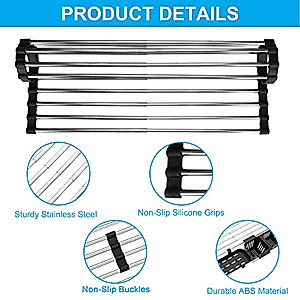QUUREN Roll Up Dish Drying Rack, 22.8"x12.8" Over The Sink Dish Drying Rack with 2 Utensil Holder Stainless Steel Kitchen Sink Drying Rack Foldable Dish Drying Rack for Kitchen Sink (Black)