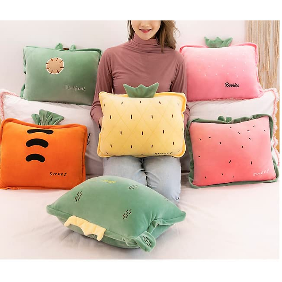 Rikyo 15" Stuffed Fruit Travel Blanket and Pillow Set,3 in 1 Plush Stuffed Hugging Pillow with Warming Hands Pillow Blanket for Kids Gift Travel Airplane Train Bed Office Nap (Pink - Strawberry)