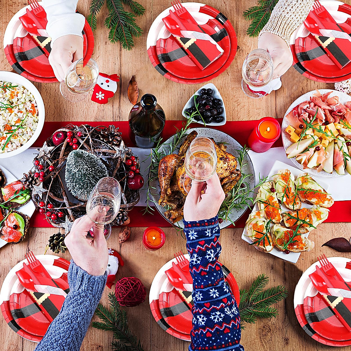 Bokon 96 Pcs Santa Belt Plates Christmas Party Supplies Disposable Party Dinnerware Set Christmas Napkins Knives Forks Spoons Christmas Party Decorations for Xmas Holiday Dinner Home Serves 24