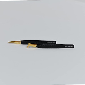 2pcs Black Straight and L-Shaped (Boot) Gold Pointed Eyelash Tweezers for Lash Extension - Stainless Steel Precision Tweezers for Volume and Classic Lashes - False Eyelash Extension Kit.