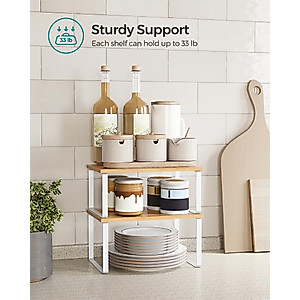 SONGMICS Cabinet Organizer Shelf, Set of 2 Kitchen Counter Shelves, Kitchen Storage, Spice Rack, Stackable, Expandable, Metal and Engineered Wood, Cloud White and Natural Beige UKCS02NW