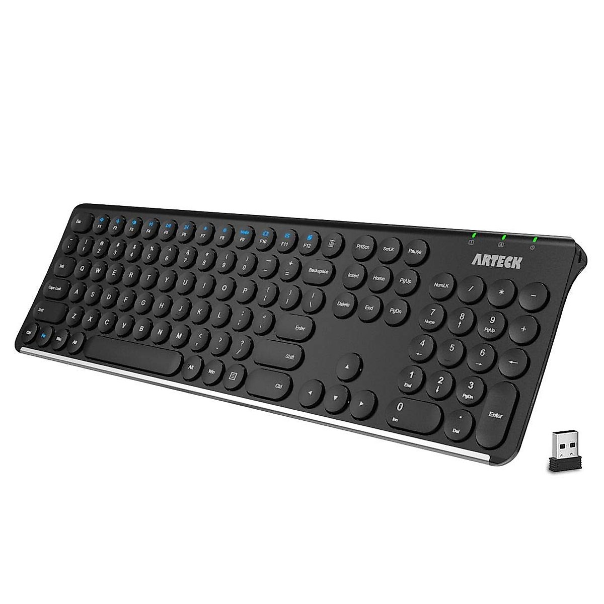 Arteck 2.4G Wireless Keyboard Stainless Steel Ultra Slim Full Size Keyboard with Numeric Keypad for Computer/Desktop/PC/Laptop/Surface/Smart TV and Windows 10/8/ 7 Built in Rechargeable Battery