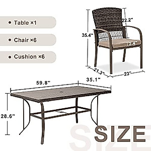 Patio Dining Set for 6, 7 PCS Patio Table & Chair Set, Metal Slatted Table with 2" Umbrella Hole, All-Weather Wicker Patio Dining Furniture with Removable Cushions for Deck, Lawn, Garden(Beige)
