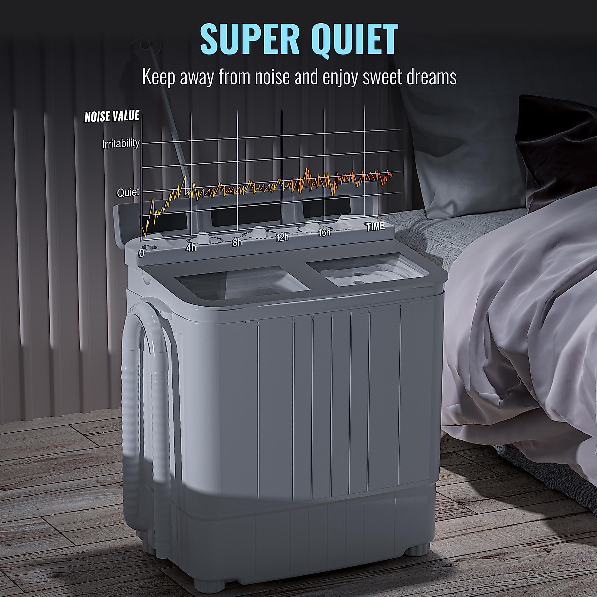 Superday Portable Mini Twin Tub Washing Machine Compact Washer and Spin Dryer w/Wash and Spin Cycle 17.6lbs Capacity For Camping, Apartments, Dorms, College Rooms, RV’S, Delicates, Grey