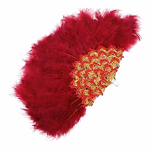 FOMIYES Home Decor Hand Decor Plume Fan 1920s Vintage Fan Wedding Handheld Fan Flapper Fan Folding Fans for Costume Dancing Show Tea Party Wedding Decoration Dark Red Portable Fans Vintage Decor