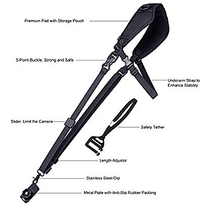 waka Camera Neck Strap with Quick Release, Safety Tether and Underarm Strap, Adjustable Camera Shoulder Sling Strap for Nikon Canon Sony Fuji DSLR Camera, Black