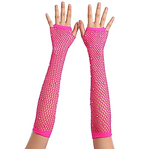 OTPEH Women Fishnet Rhinestone Gloves Fingerless Kids Fish Net Arm Sleeve Warmers 80s Emo Scene Accessories Pink