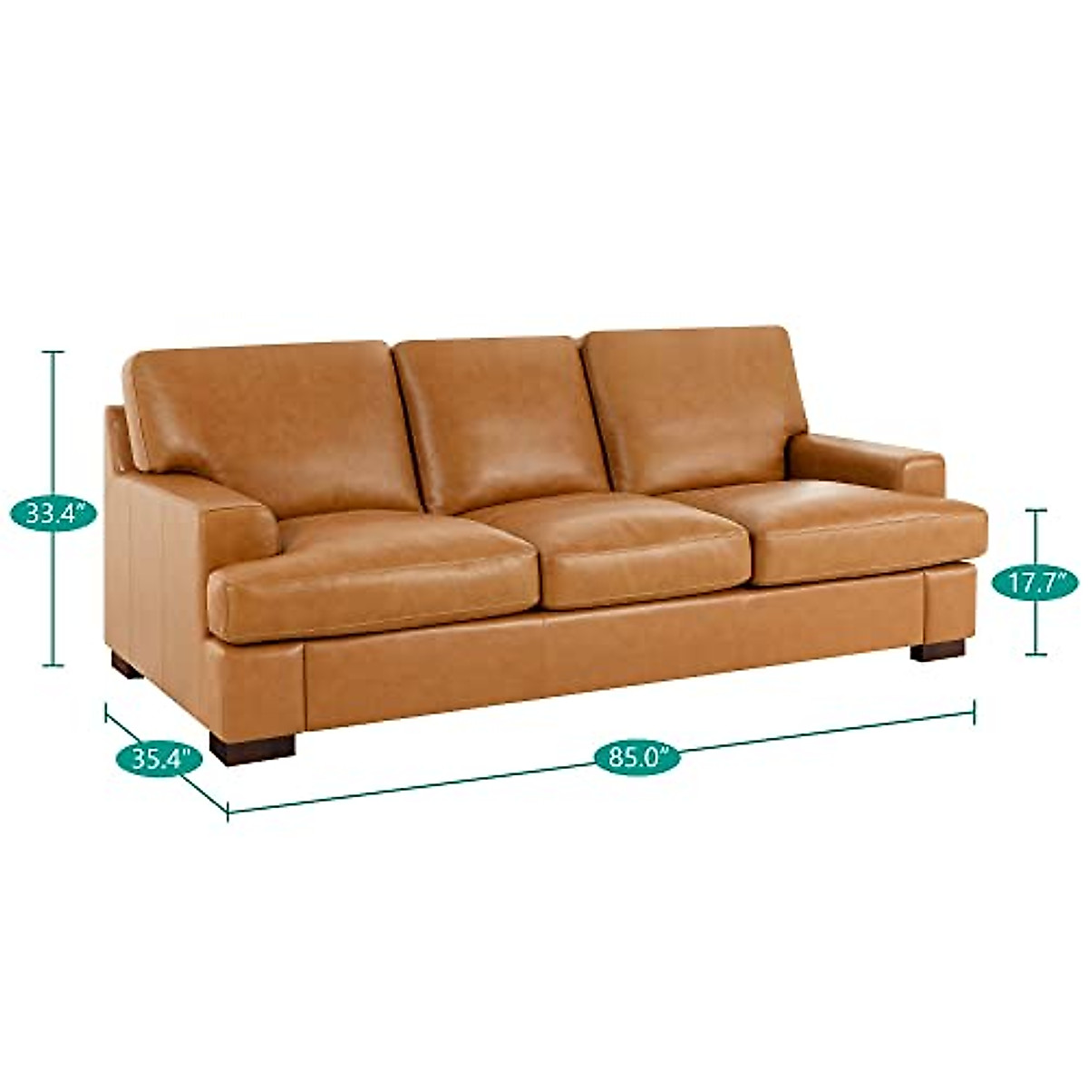 Naomi Home Siggy Genuine Leather Sofa - Luxurious Comfort, Goose Feather Cushion Filling, Square Arm Design, Sturdy Block Legs, Elegant Tan - Ideal for Living Room, Office, or Bedroom