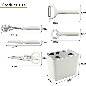 COMUSTER Kitchen Gadgets Set,Kitchen Scissors, Kitchen Utensils Set with Holder, Paring Knife,Whisk,Bottle Opener,Peeler- Home Kitchen Gadgets(White 6 Pieces set)