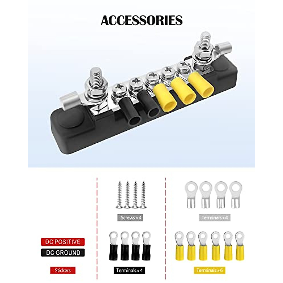 LENKRAD Bus Bar 12V 2 x 10/32” Studs and 5 x 8/32” Screw Terminals, Power Distribution Block with Ring Terminals 100 Amp Rating, 12V - 48V Positive & Negative for Automotive Car Boat Solar System