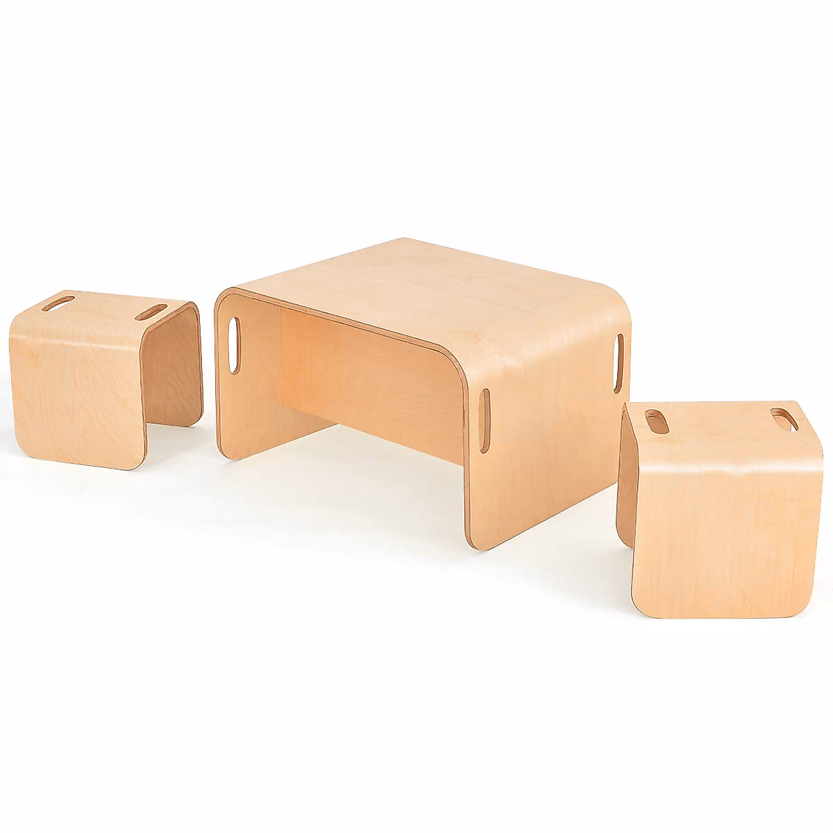 Posdutti Kids Table & Chair Sets, Multipurpose Toddler Furniture 3-Piece Set w/Wood & Thicker Planks, Space-Saving Design, No Assembly Required, Children Learning Desk for Home Kindergarten, Natural