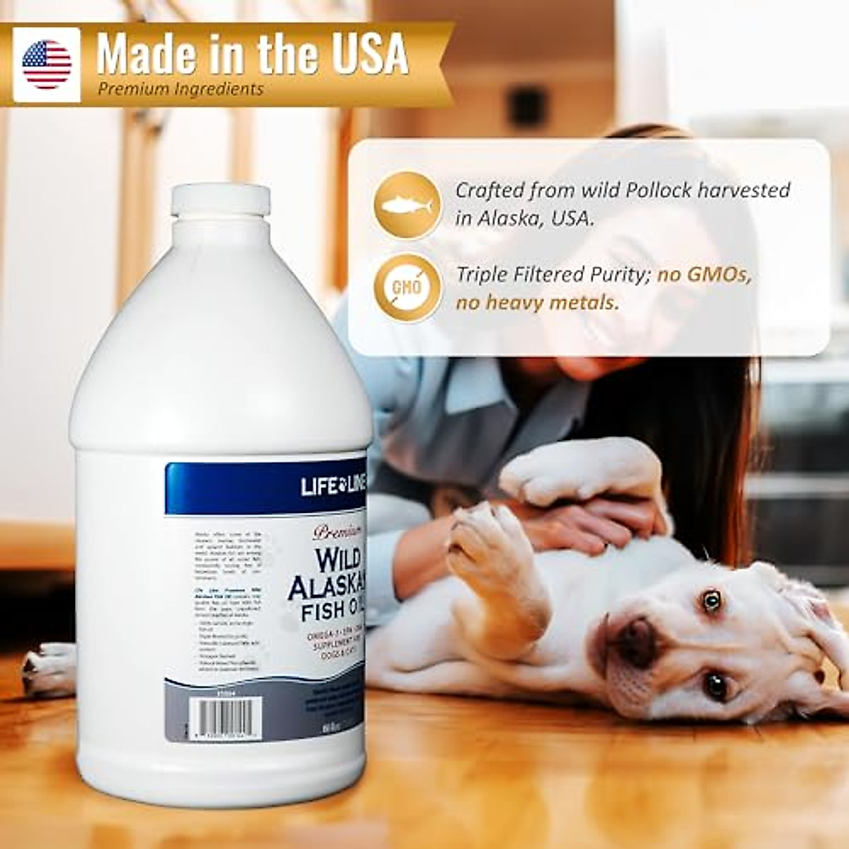 Life Line Pet Nutrition Wild Alaskan Fish Oil Omega-3 Supplement for Skin & Coat – Supports Brain, Eye & Heart Health in Dogs & Cats, 66oz