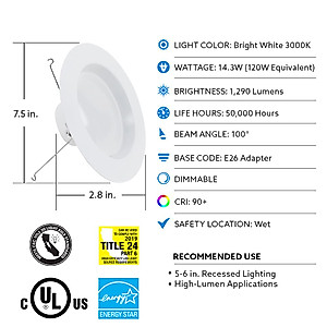 Feit Electric 5,6 inch LED Recessed Downlight, Pre,Mounted Trim, Standard E26 Base Adapter, Dimmable, High Output 120W Equivalent, 1290 Lumens, 45 Year Life, 3000K Bright White - LEDR56HO/930CA