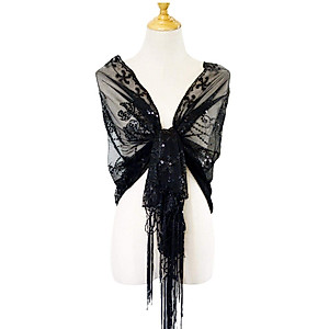 L'VOW Women's Glittering 1920s Scarf Mesh Sequin Wedding Cape Fringed Evening Shawl Wraps(Black)