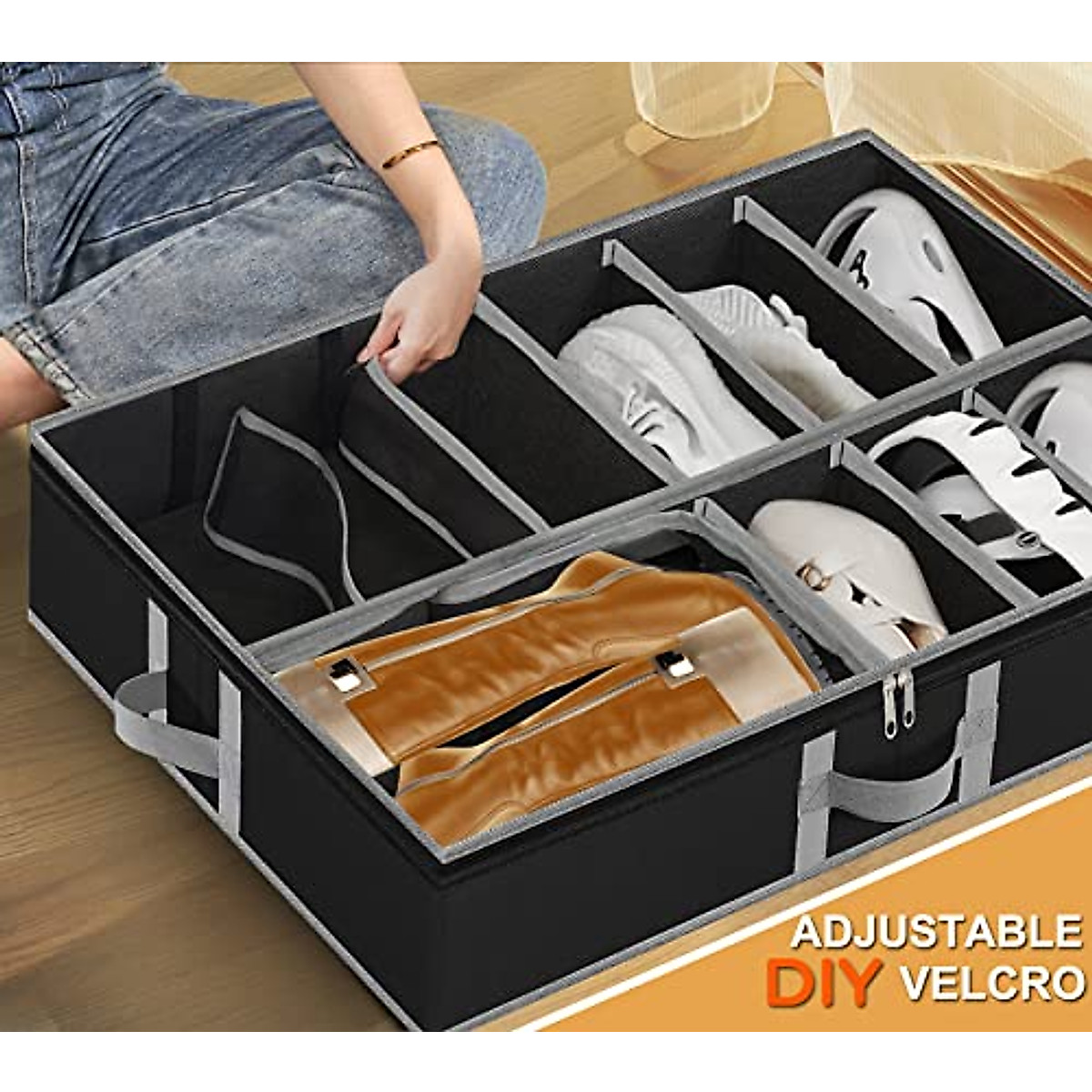 punemi Under Bed Shoe Storage Organizer, 2Pcs Fits 24 Pairs Sturdy Structure Underbed Shoes Organizer With Bottom Support & Adjustable Feature, Shoe Solution With Clear Cover & 2 Reinforced Handles