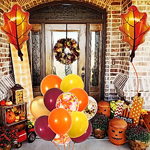 62 PCS Maple Leaves Fall Balloons, 12 Inch Orange Yellow Burgundy Gold and Confetti Balloons with Maple Leaves Foil Balloons for Fall Theme Thanksging Day Party Decoration