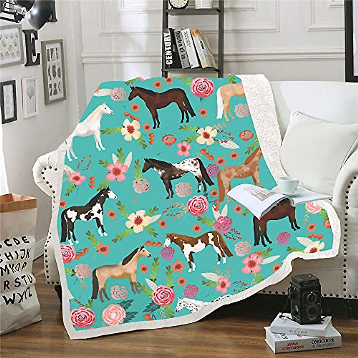 Horse Blanket Various Horse 3D Printing Throw Blanket Super Soft Flower Fleece Blanket Animal Horse Sherpa Blanket Horse Gifts for Girls and Women Sofa Couch Bed and Office (Green, 51 X 59 in)